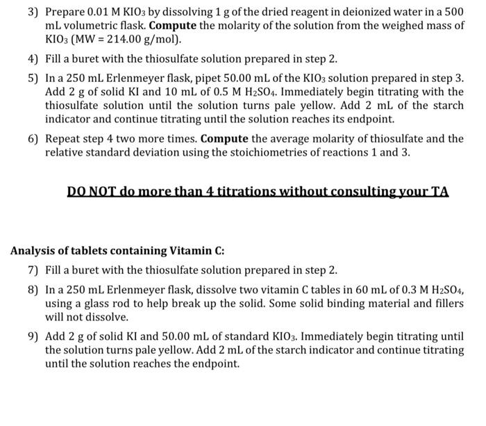 3) Prepare 0.01MKIO3 by dissolving 1 g of the dried | Chegg.com