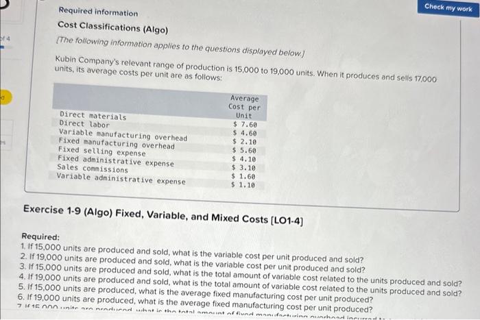Solved Required information Cost Classifications (Algo) [The | Chegg.com