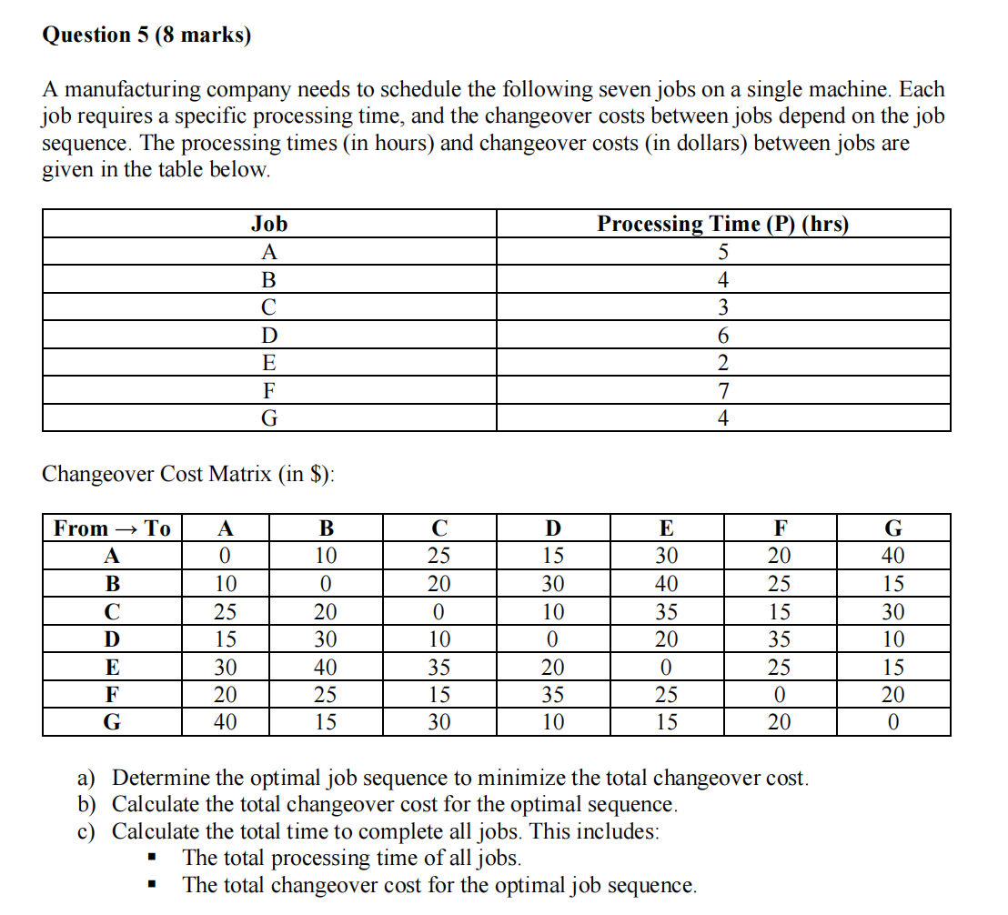 Solved Question 5 (8 ﻿marks)A manufacturing company needs to | Chegg.com