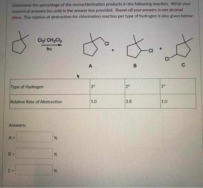 Solved Determine the percentage of the monochlorination | Chegg.com
