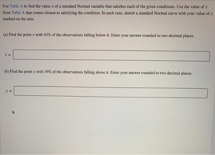 Solved Use Table A to find the value z of a standard Normal | Chegg.com