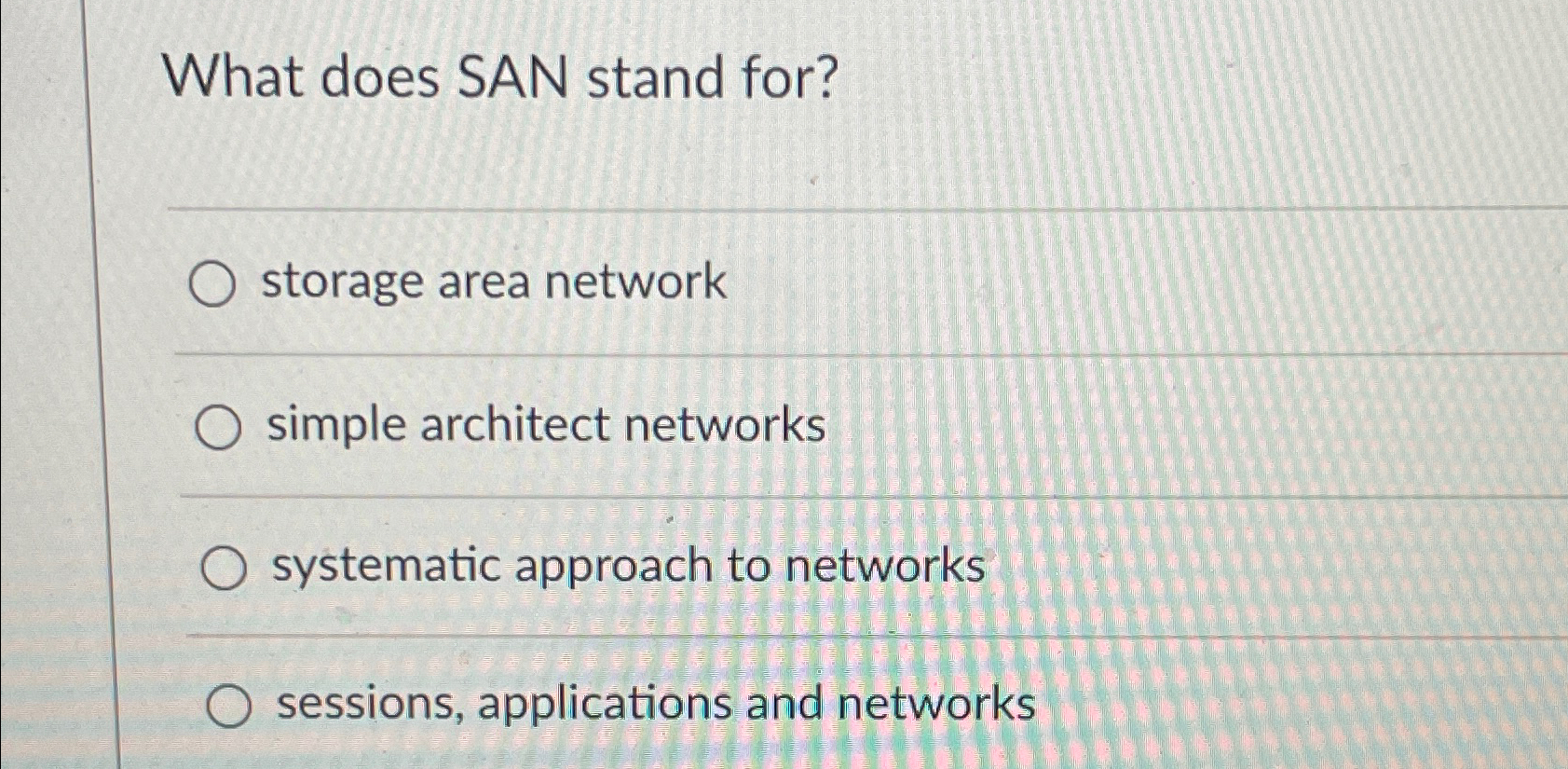Solved What does SAN stand for?storage area networksimple | Chegg.com
