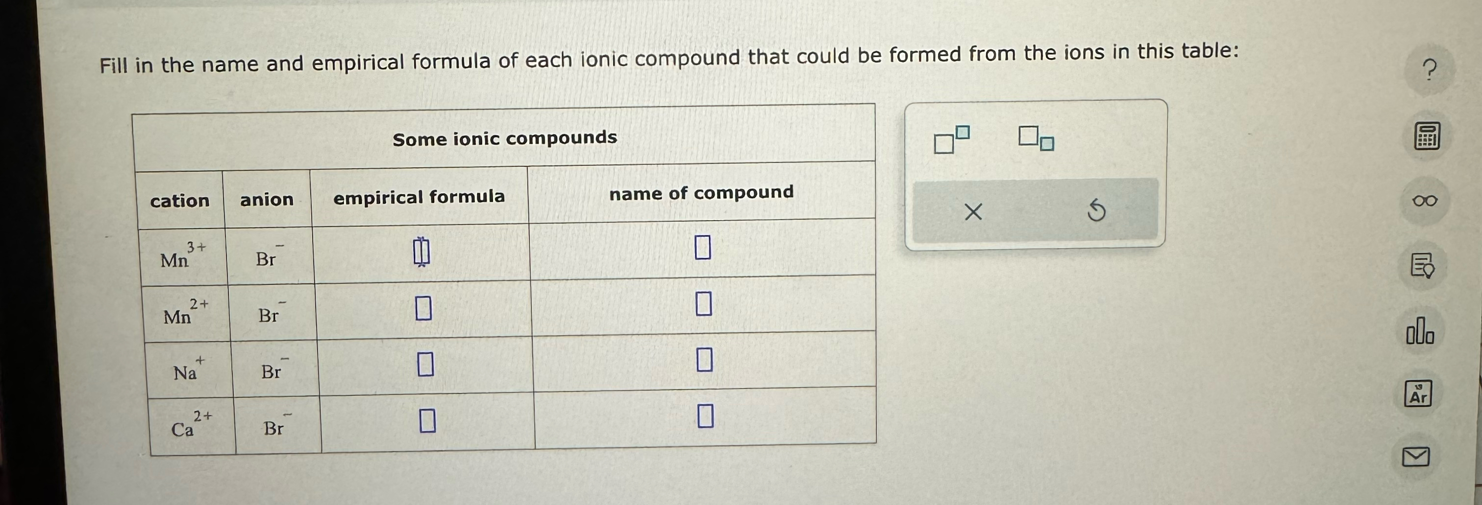 Solved Fill in the name and empirical formula of each ionic | Chegg.com