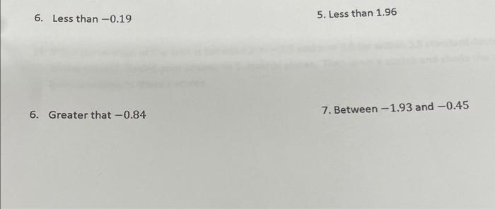Solved 6. Less than -0.19 5. Less than 1.96 6. Greater that | Chegg.com