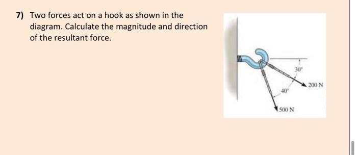 Solved 7) Two forces act on a hook as shown in the diagram. | Chegg.com