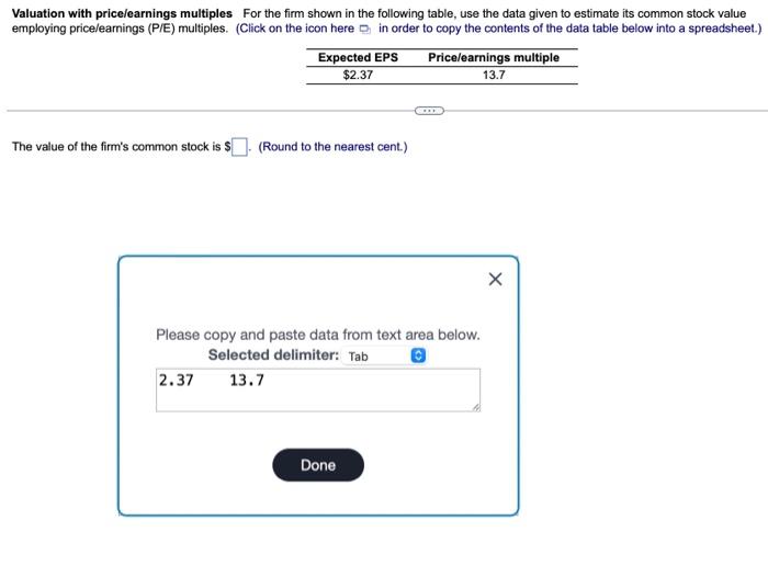 Solved Valuation with price/earnings multiples For the firm | Chegg.com