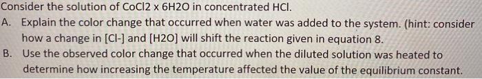 Solved equation 8: (pink) Co(H2O)6 2+ (aq) + 4Cl- (aq) | Chegg.com