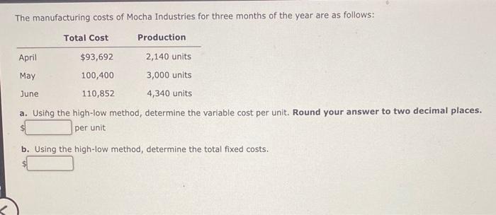 Solved The manufacturing costs of Mocha Industries for three | Chegg.com