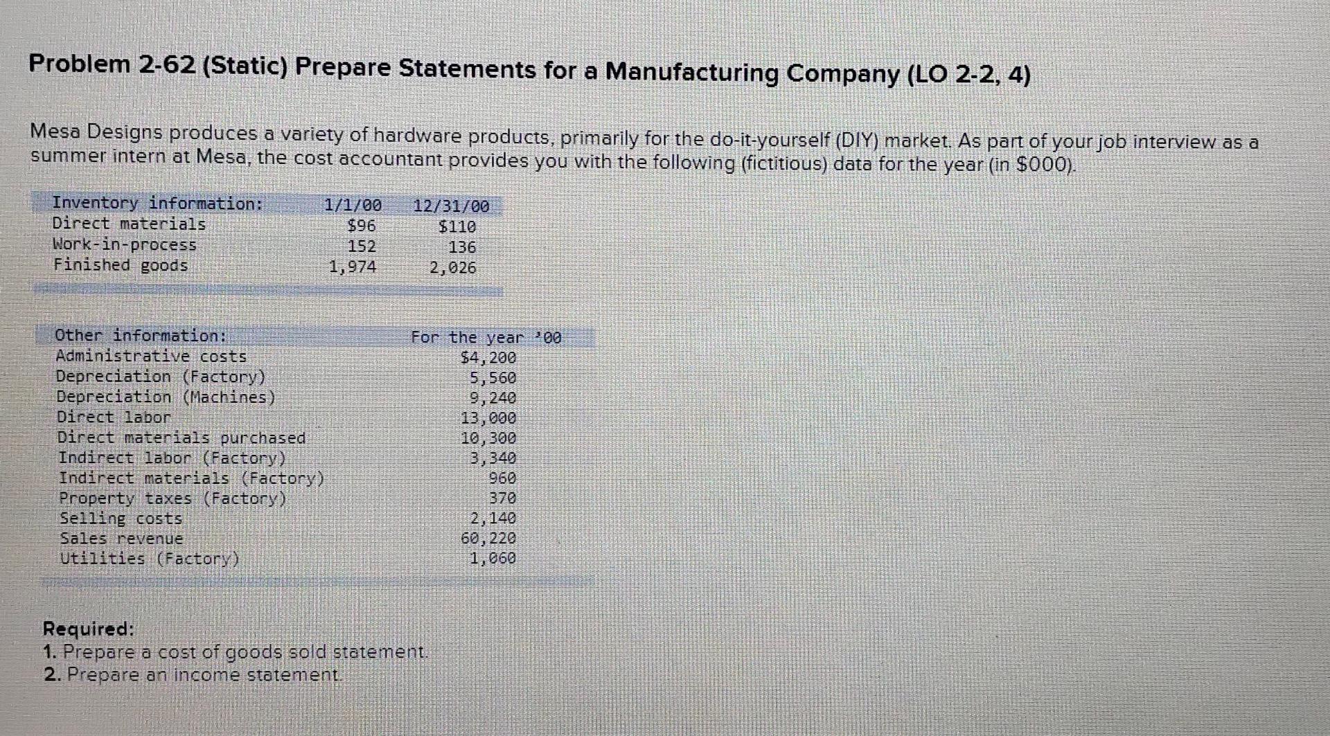Solved Problem 2-62 (Static) Prepare Statements for a | Chegg.com