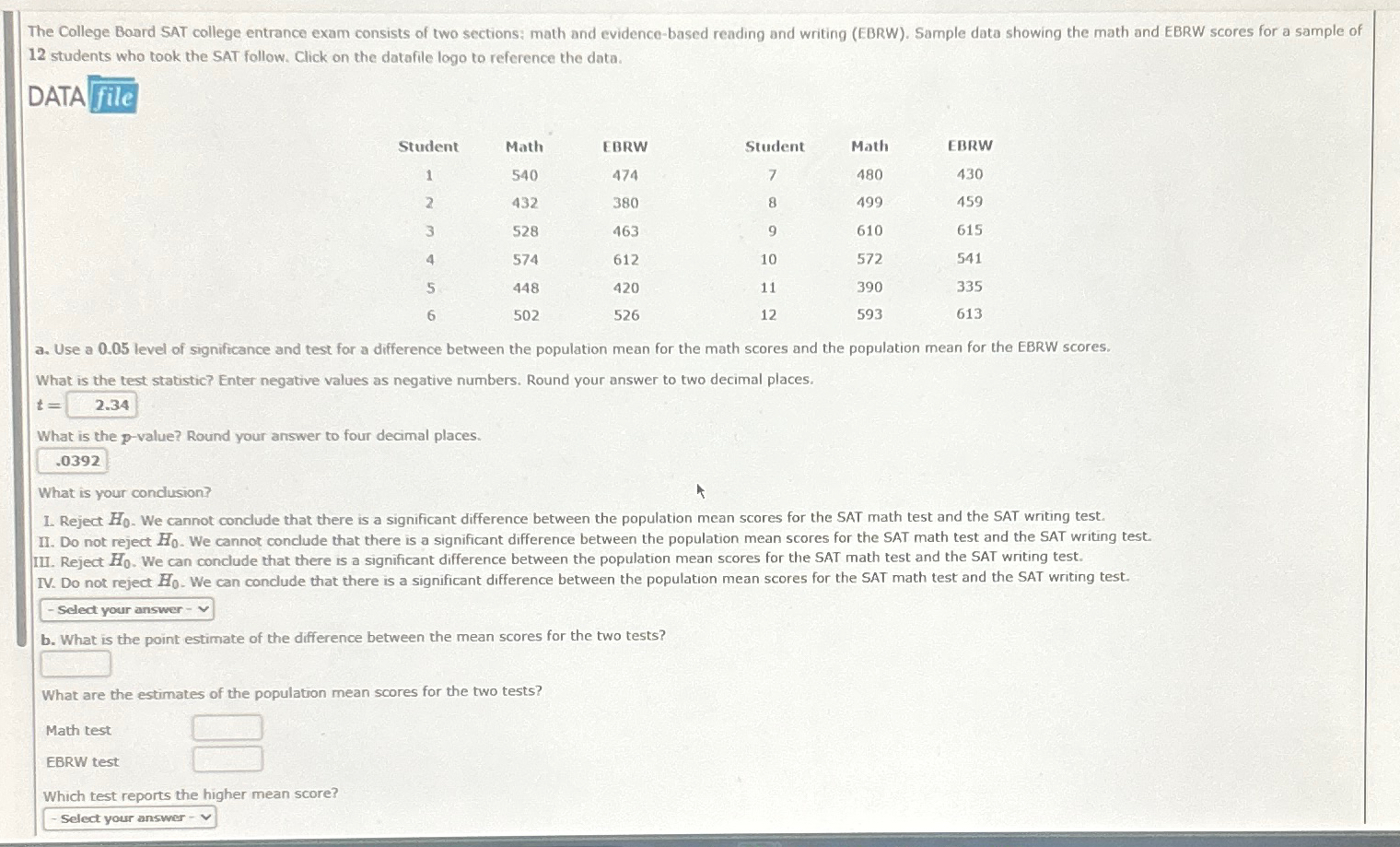 Solved The College Board SAT college entrance exam consists | Chegg.com