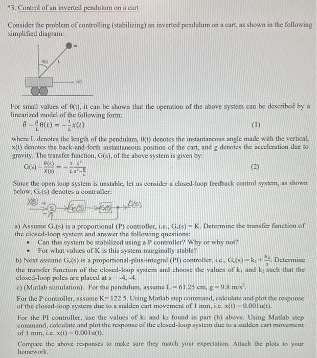 Consider the problem of controlling (stabilizing) an | Chegg.com