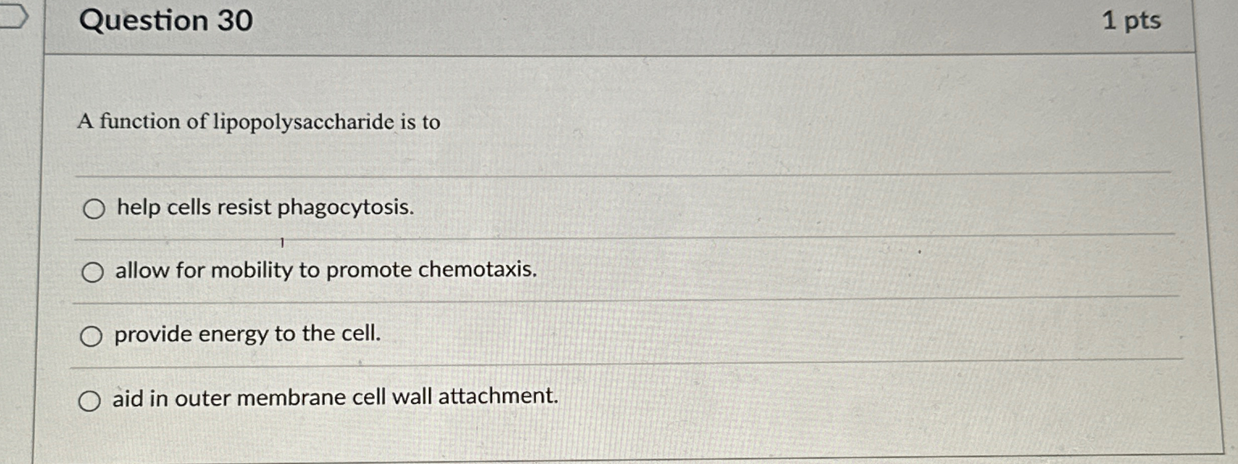 Solved Question 301 ﻿ptsA function of lipopolysaccharide is | Chegg.com