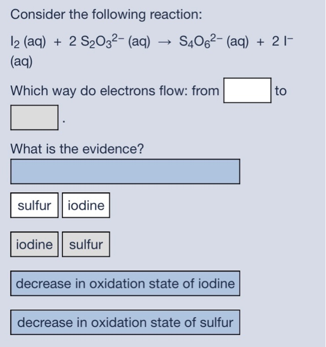 Solved Consider the following reaction: 12 (aq) + 2 S2O32- | Chegg.com