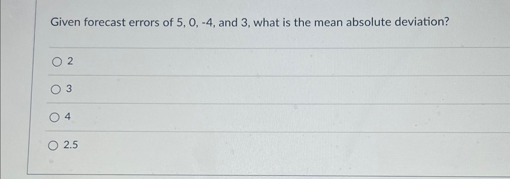 Solved Given forecast errors of 5,0,-4, ﻿and 3 , ﻿what is | Chegg.com