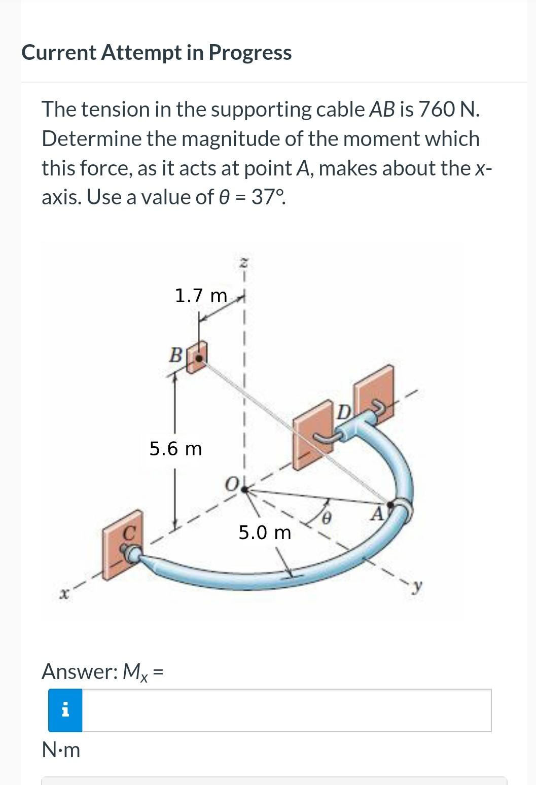 Solved The tension in the supporting cable AB is 760 N. | Chegg.com