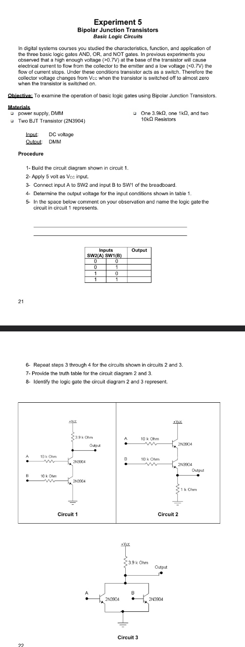 Solved Experiment 5Bipolar Junction TransistorsBasic Logic | Chegg.com