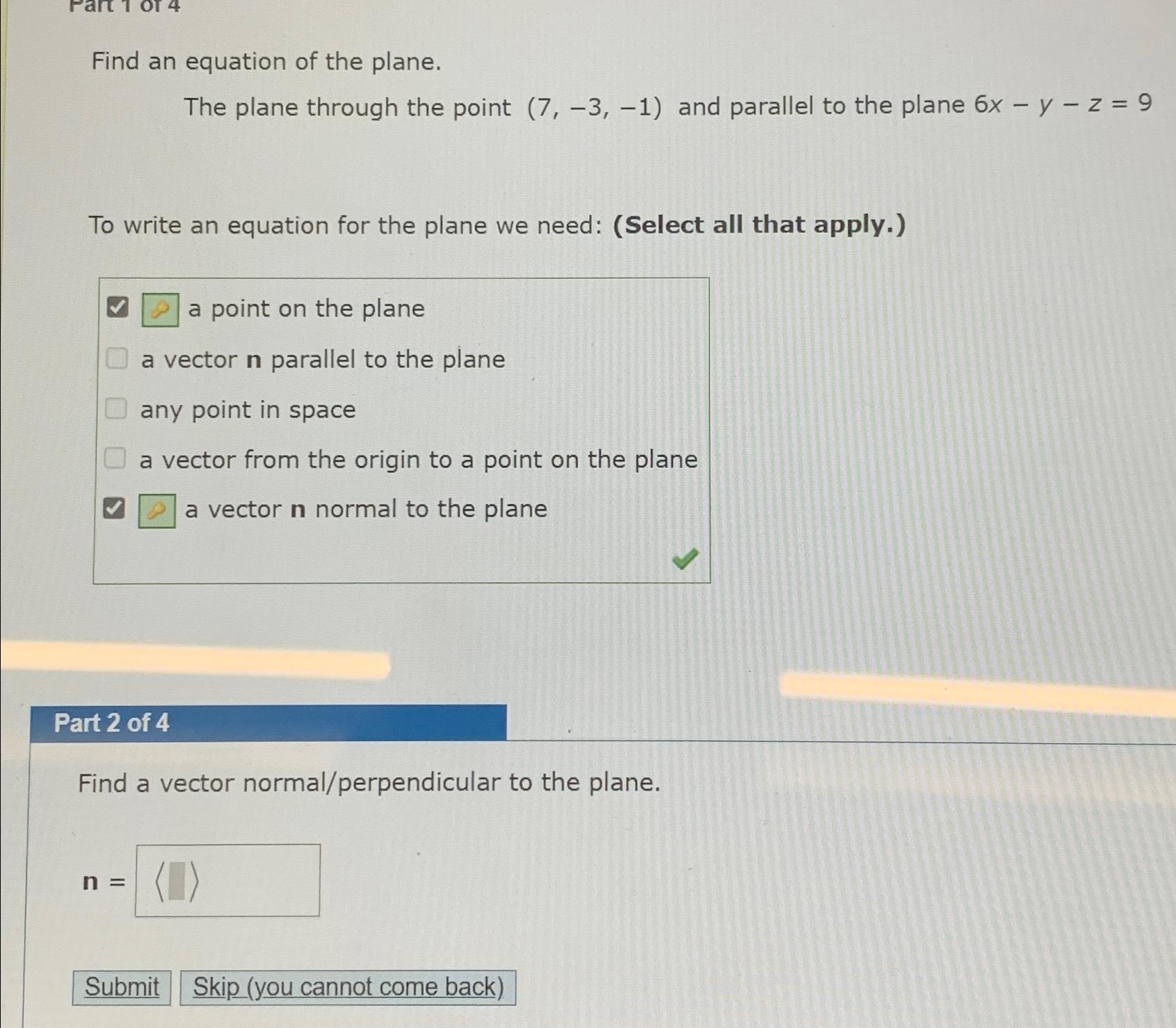Solved Find an equation of the plane.The plane through the | Chegg.com