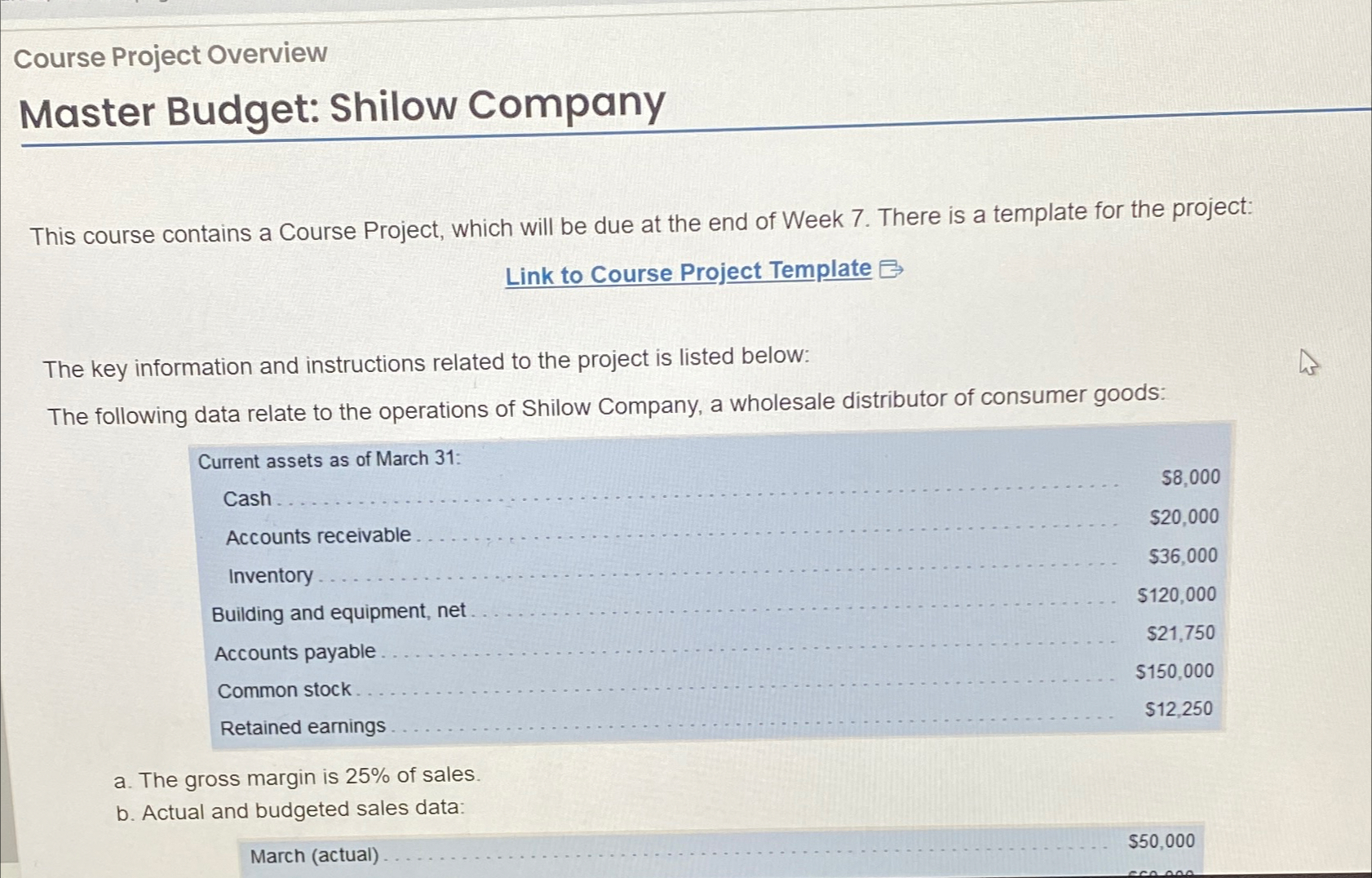 Solved Course Project OverviewMaster Budget: Shilow | Chegg.com