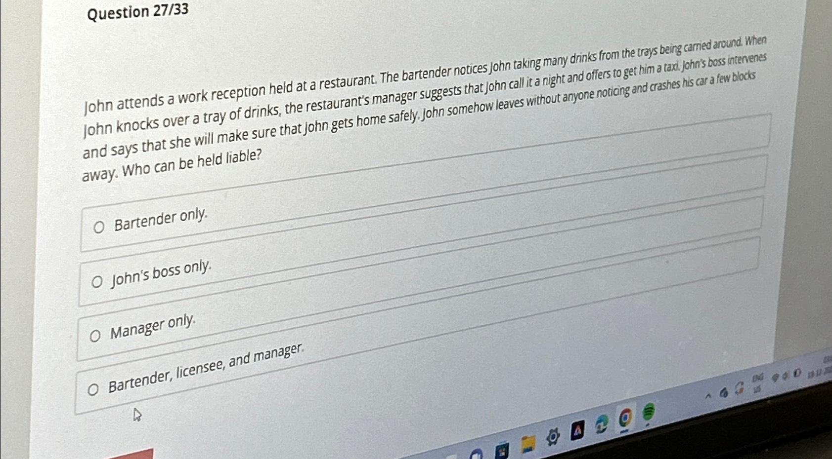 Solved Question 27/33John attends a work reception held at a | Chegg.com