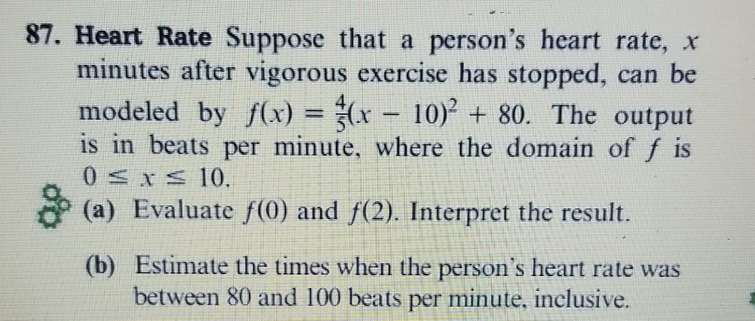 Solved 87. Heart Rate Suppose that a person's heart rate, x | Chegg.com