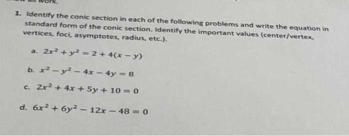 Solved 1. Identify the conic section in each of the | Chegg.com