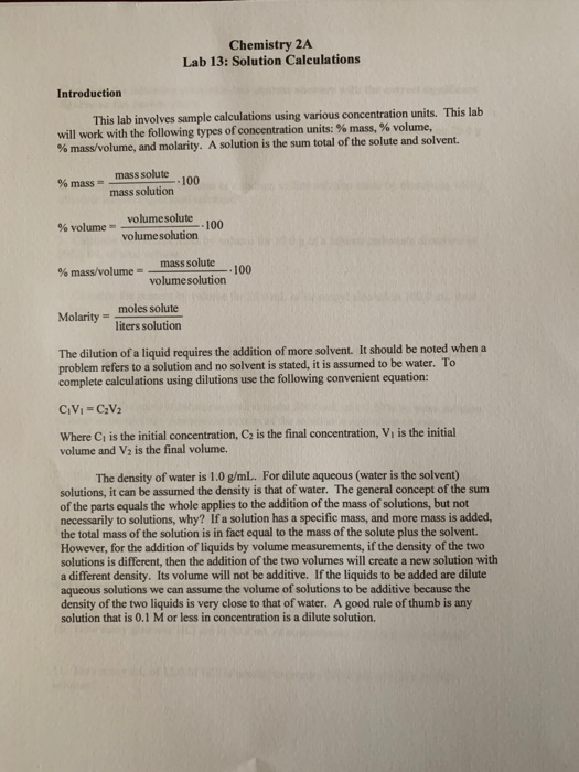 Solved Chemistry 2A Lab 13: Solution Calculations | Chegg.com