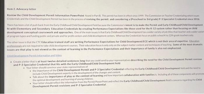 Item 2. Advocacy letter Review the Child Development | Chegg.com