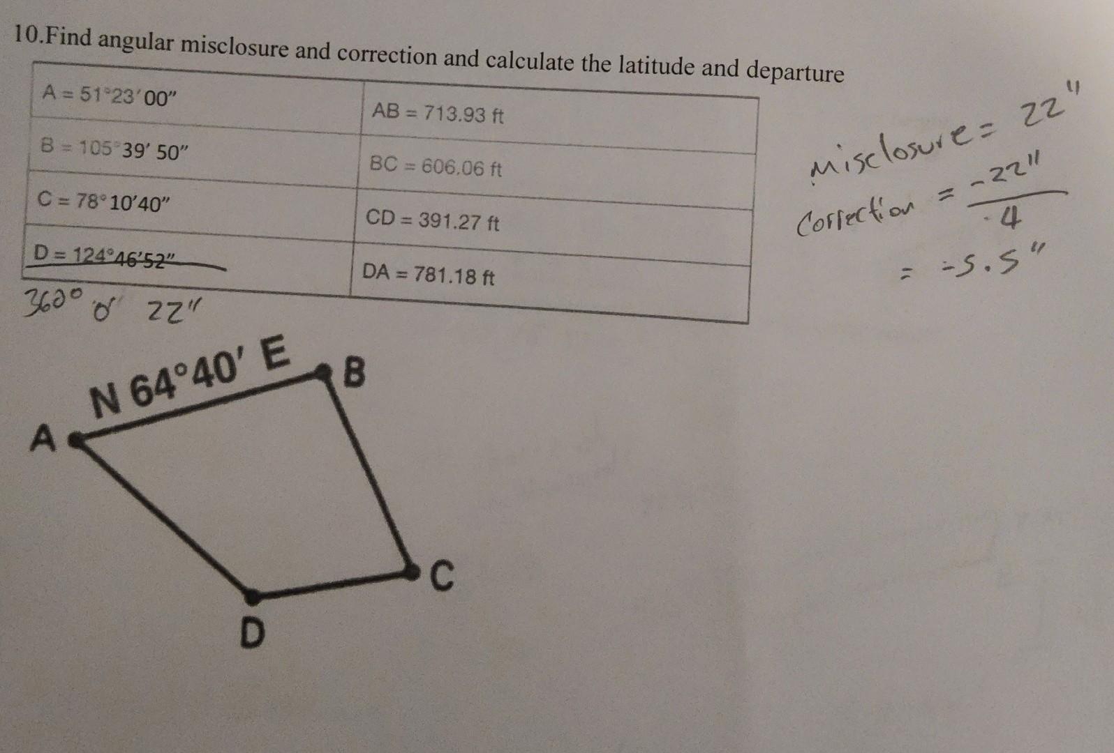 Solved 10.Find angular misclosure and comant:.......... | Chegg.com