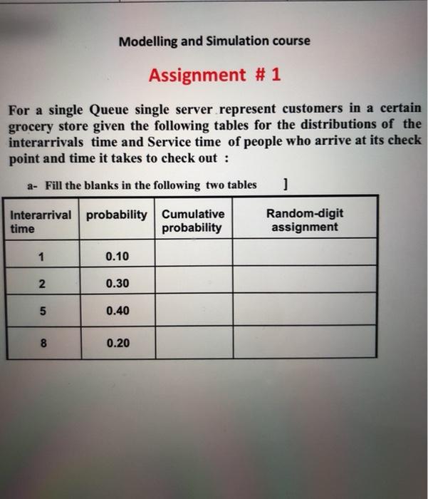 Solved Modelling and Simulation course Assignment #1 For a | Chegg.com