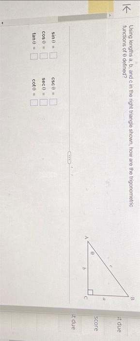 Solved Using lengths a, b, and c in the right triangle | Chegg.com