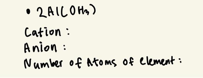 Solved - 2Al(OH3) Cation: Anion: Number of Atoms of element: | Chegg.com