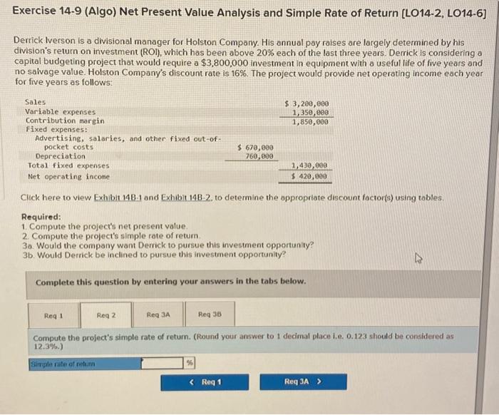 Solved Exercise 14-9 (Algo) Net Present Value Analysis and | Chegg.com