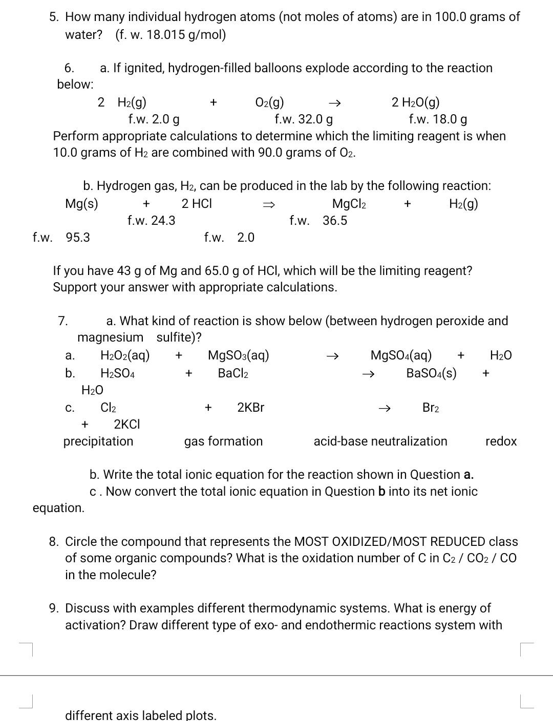 Solved f.w. 2.0 g f.w. 32.0 g f.w. 18.0 g Perform | Chegg.com