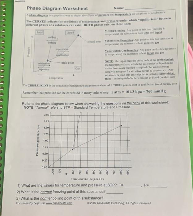 Solved Phase Diagram Worksheet Name: A phase de raphical way | Chegg.com