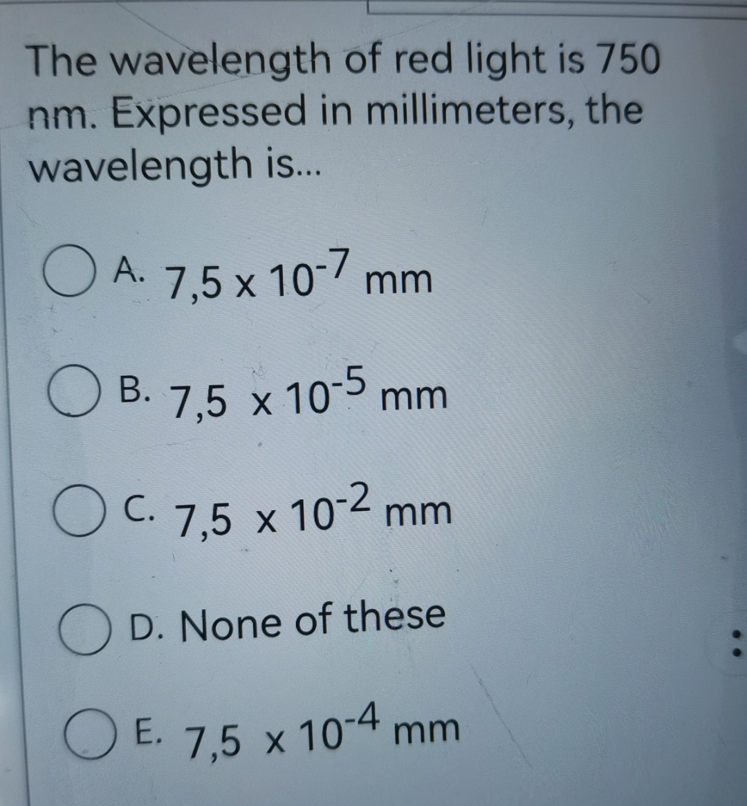 Solved The wavelength of red light is 750 ﻿nm . ﻿Expressed | Chegg.com