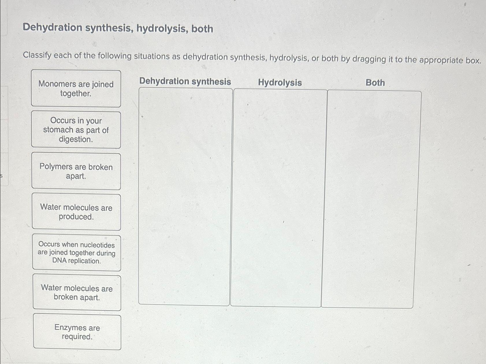 Solved Dehydration synthesis, hydrolysis, bothClassify each | Chegg.com