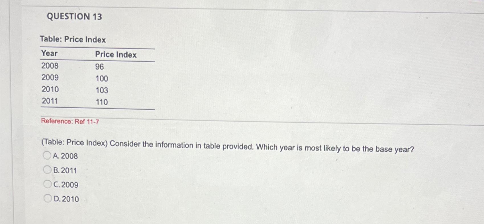 Solved QUESTION 13Table: Price Index\table[[Year,Price | Chegg.com