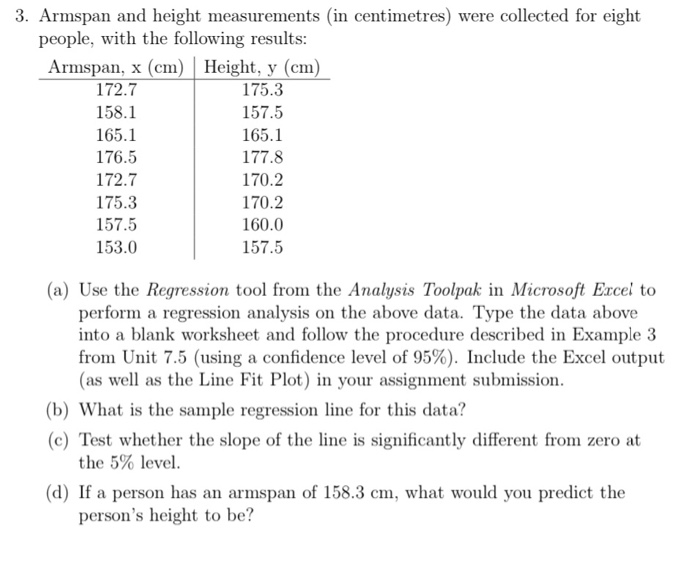 Solved 3. Armspan and height measurements in centimetres) | Chegg.com