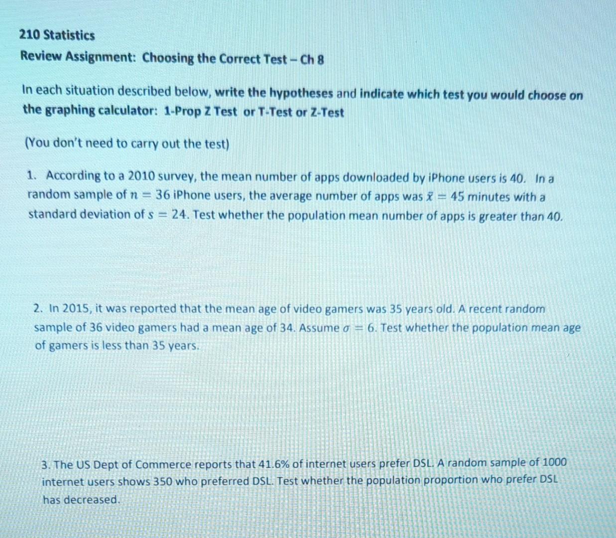 Solved 210 Statistics Review Assignment: Choosing the | Chegg.com