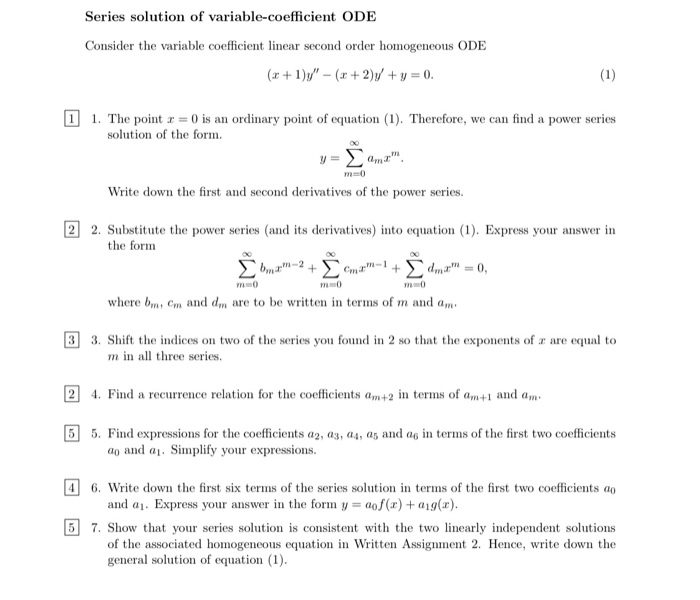Solved Series solution of variable-coefficient ODE Consider | Chegg.com