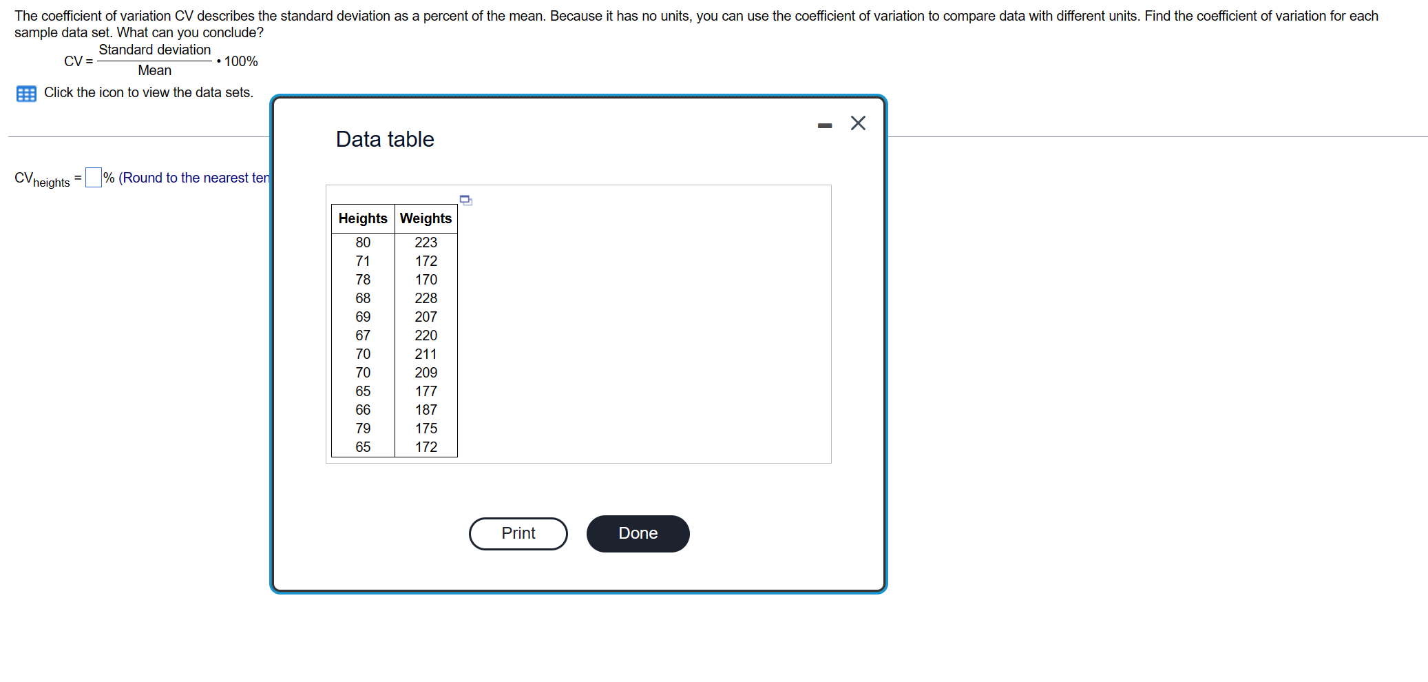 Solved The coefficient of variation CV describes the | Chegg.com