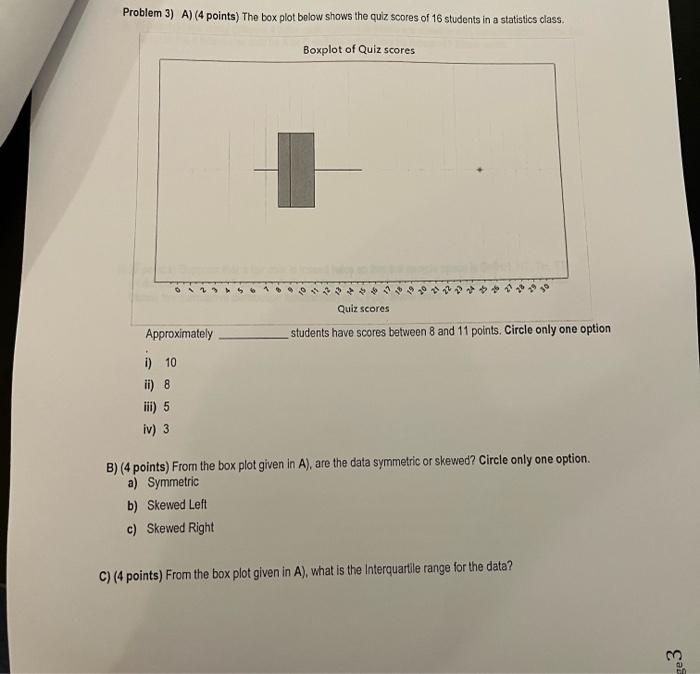 Solved Problem 3) A) (4 points) The box plot below shows the | Chegg.com