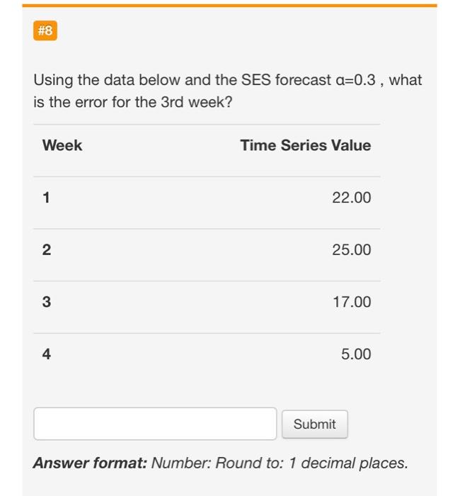 Solved #8 Using the data below and the SES forecast a=0.3, | Chegg.com