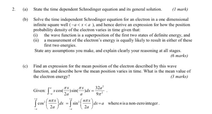 Solved 2. (a) State the time dependent Schrodinger equation | Chegg.com