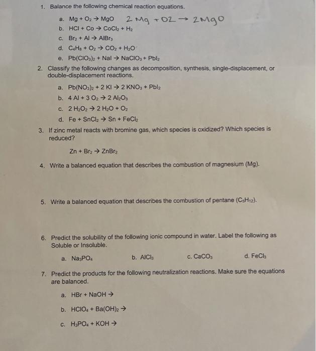 Solved 1. Balance the following chemical reaction equations. | Chegg.com