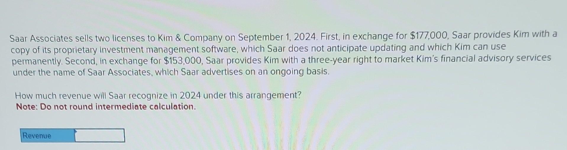 Solved Saar Associates sells two licenses to Kim \& Company | Chegg.com