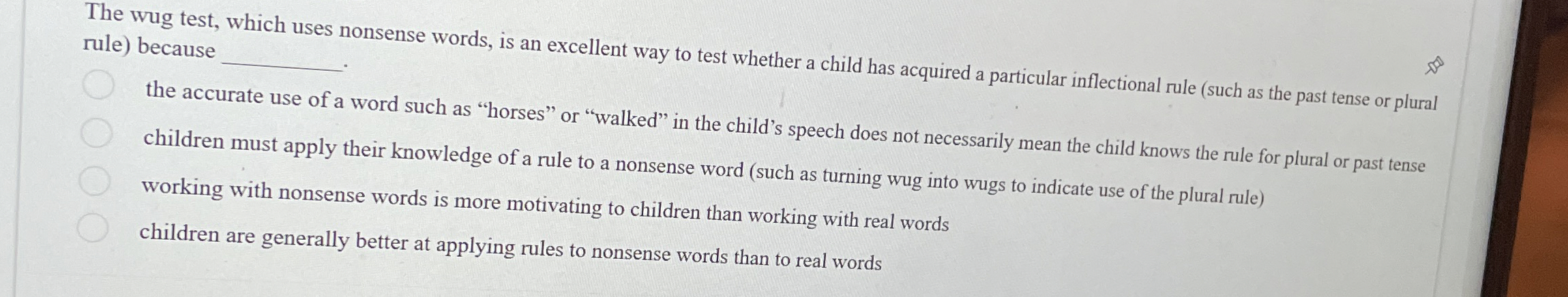 Solved The wug test, which uses nonsense words, is an | Chegg.com Solved The wug test, which uses nonsense words, is an | Chegg.com