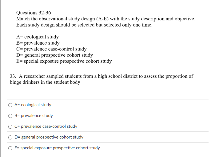 Solved Questions 32-36Match the observational study design | Chegg.com