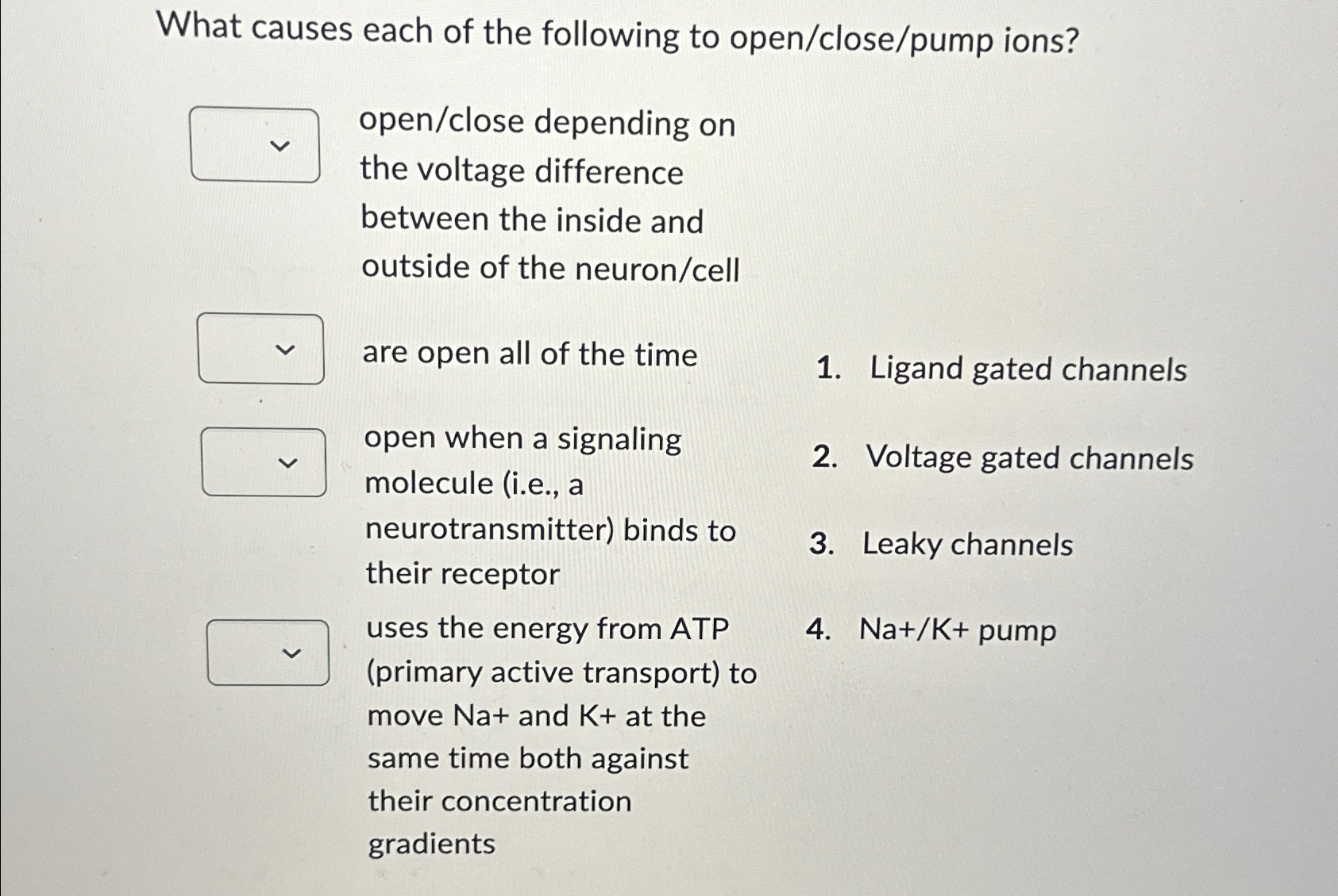Solved What causes each of the following to open/close/pump | Chegg.com