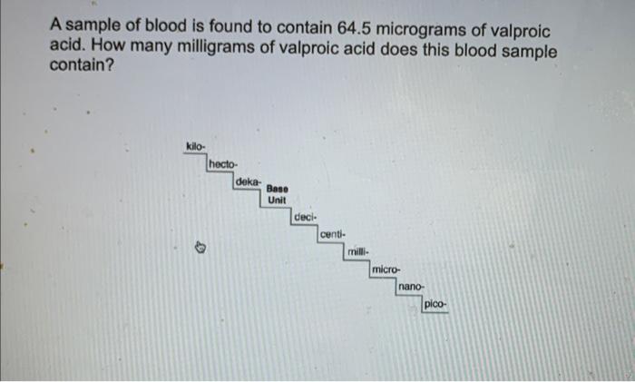 Solved A sample of blood is found to contain 64.5 micrograms | Chegg.com